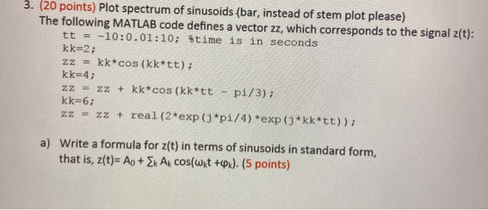 3. (20 points) Plot spectrum of sinusoids (bar, | Chegg.com
