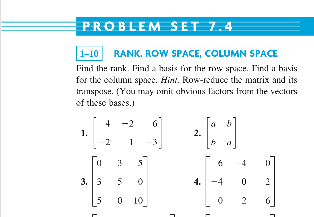 Solved PROBLEM SET 7.41-10 ﻿RANK, ROW SPACE, COLUMN | Chegg.com