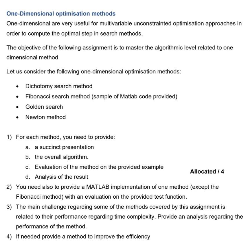 Solved One Dimensional Optimisation Methods One Dimensional