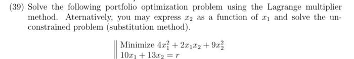Solved (39) Solve the following portfolio optimization | Chegg.com