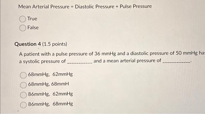 Solved Mean Arterial Pressure = Diastolic Pressure + Pulse | Chegg.com