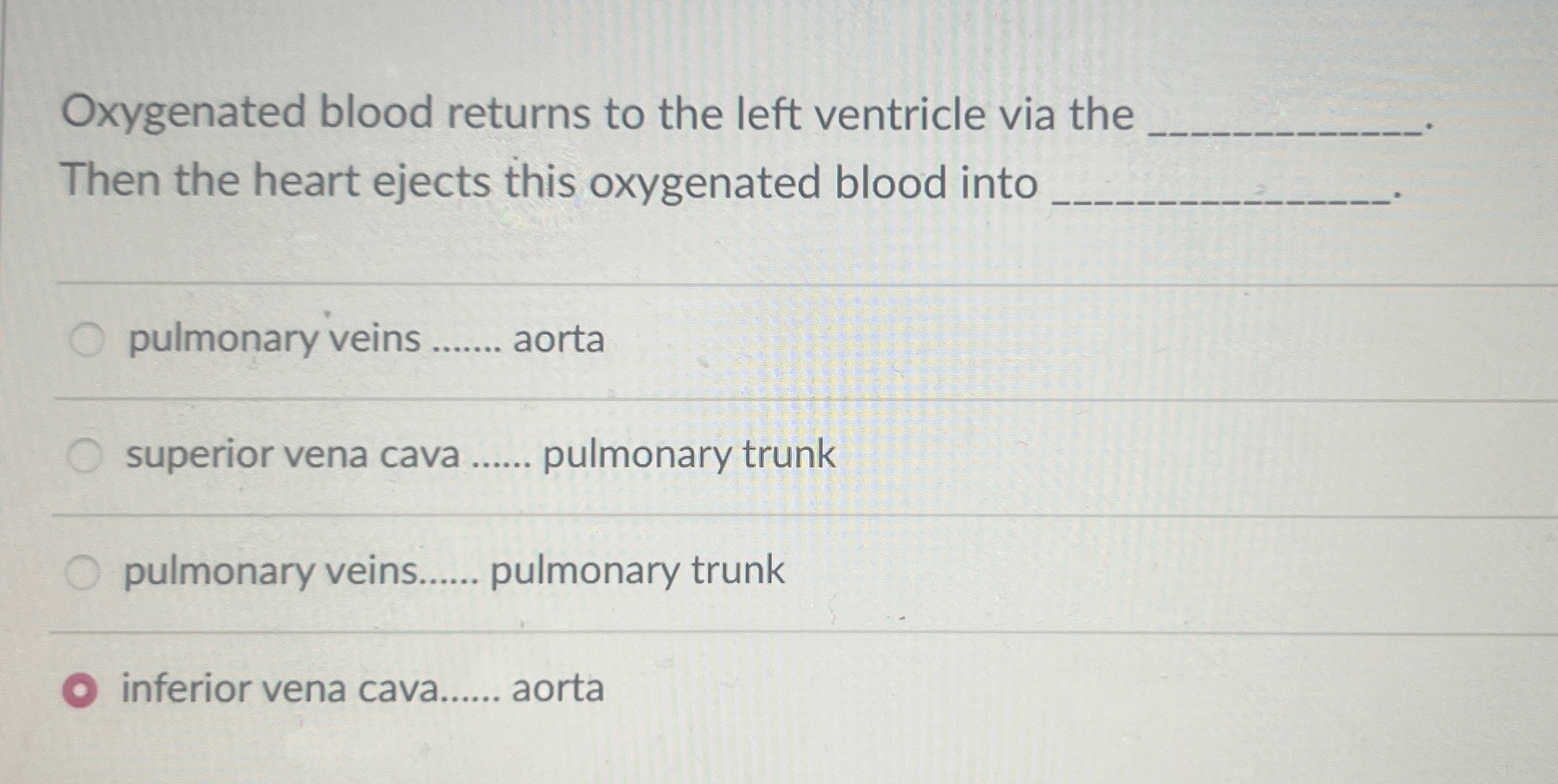 Solved Oxygenated blood returns to the left ventricle via th | Chegg.com