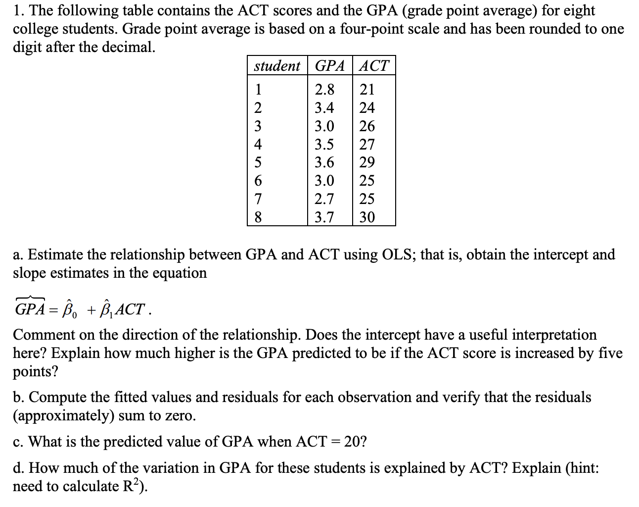 Solved 1. ﻿The following table contains the ACT scores and | Chegg.com
