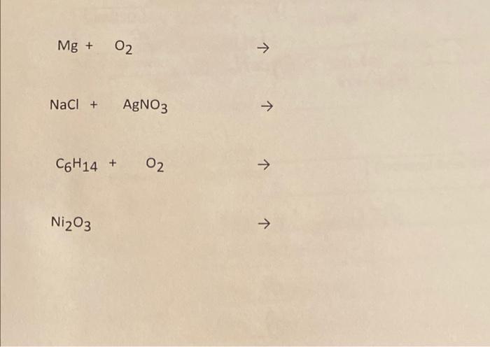 Solved Mg + 02 个 NaCl + AgNO3 今 C6H14 + 02 9 Nis03 个 Name: | Chegg.com