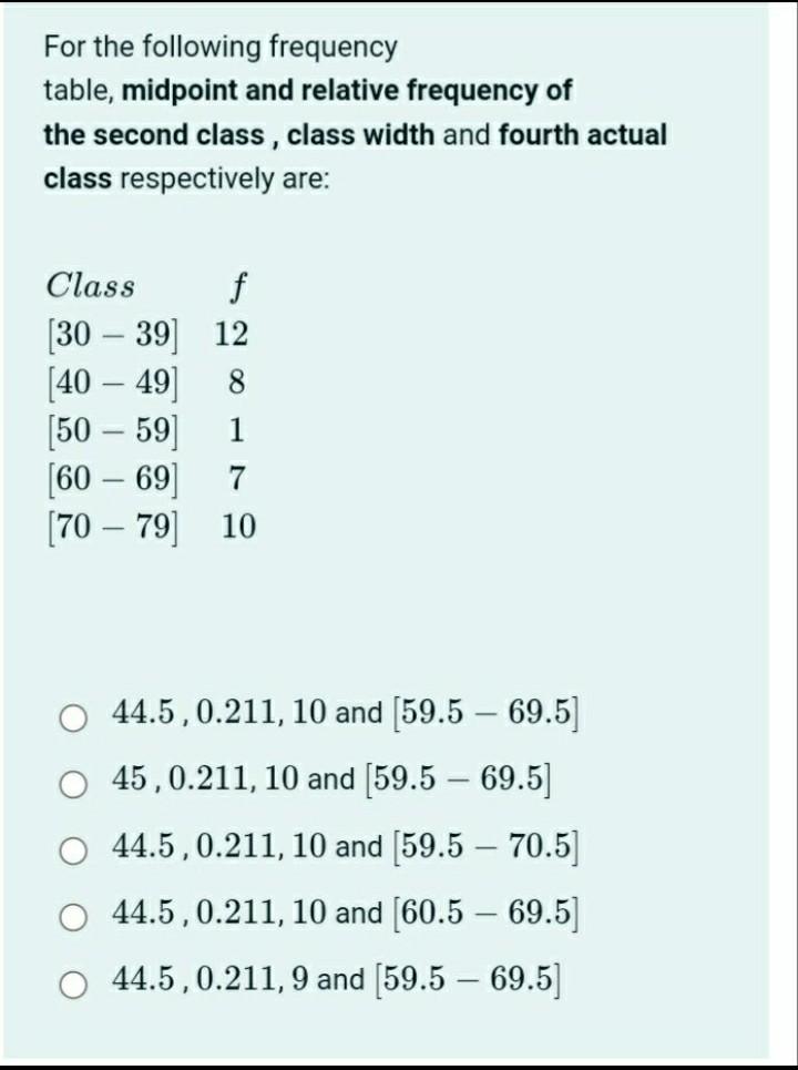 Solved For the following frequency table, midpoint and | Chegg.com