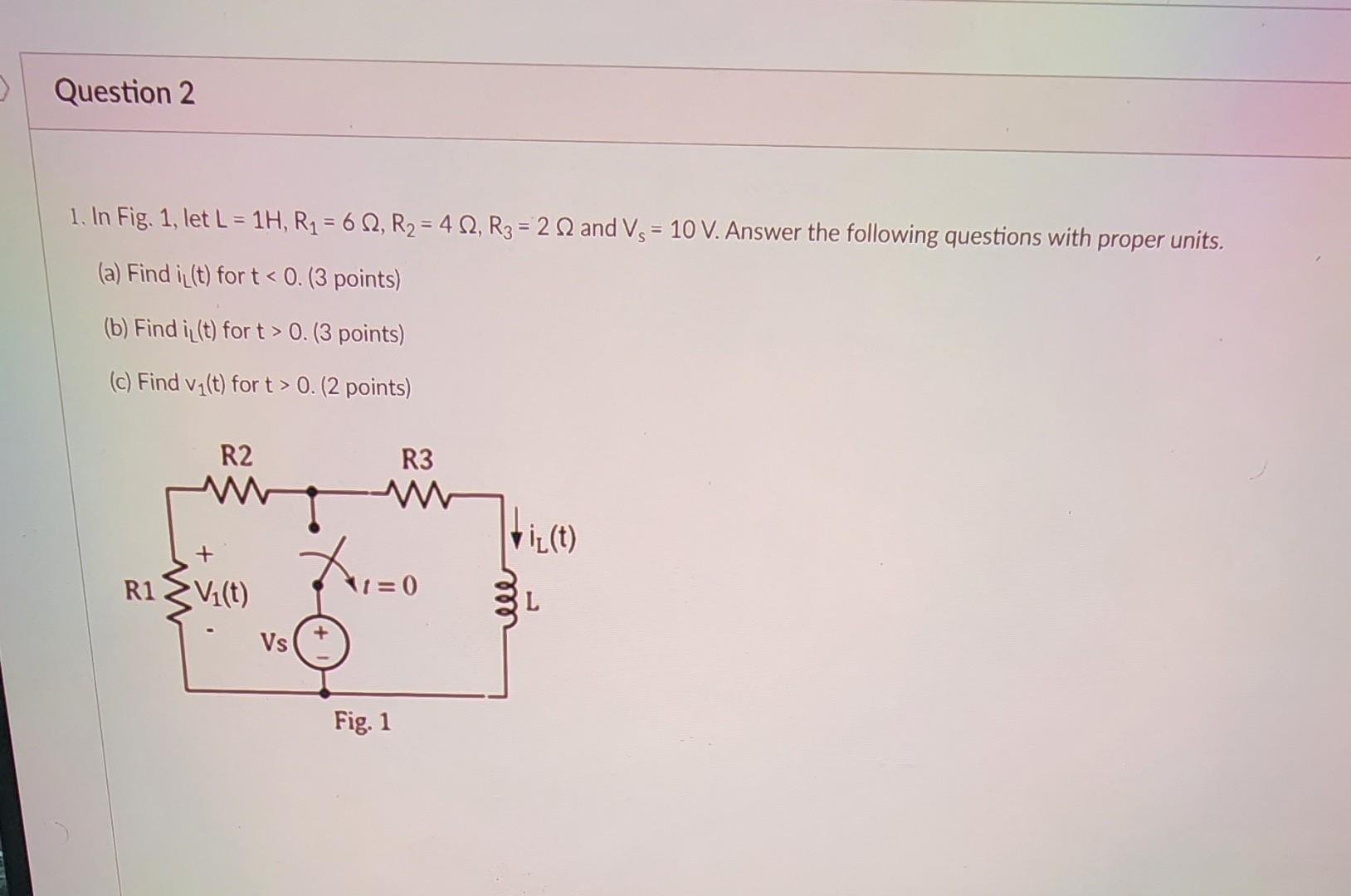 Solved 1. In Fig. 1, let L=1H,R1=6Ω,R2=4Ω,R3=2Ω and Vs=10 V. | Chegg.com
