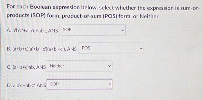 Solved For each Boolean expression below, select whether the | Chegg.com