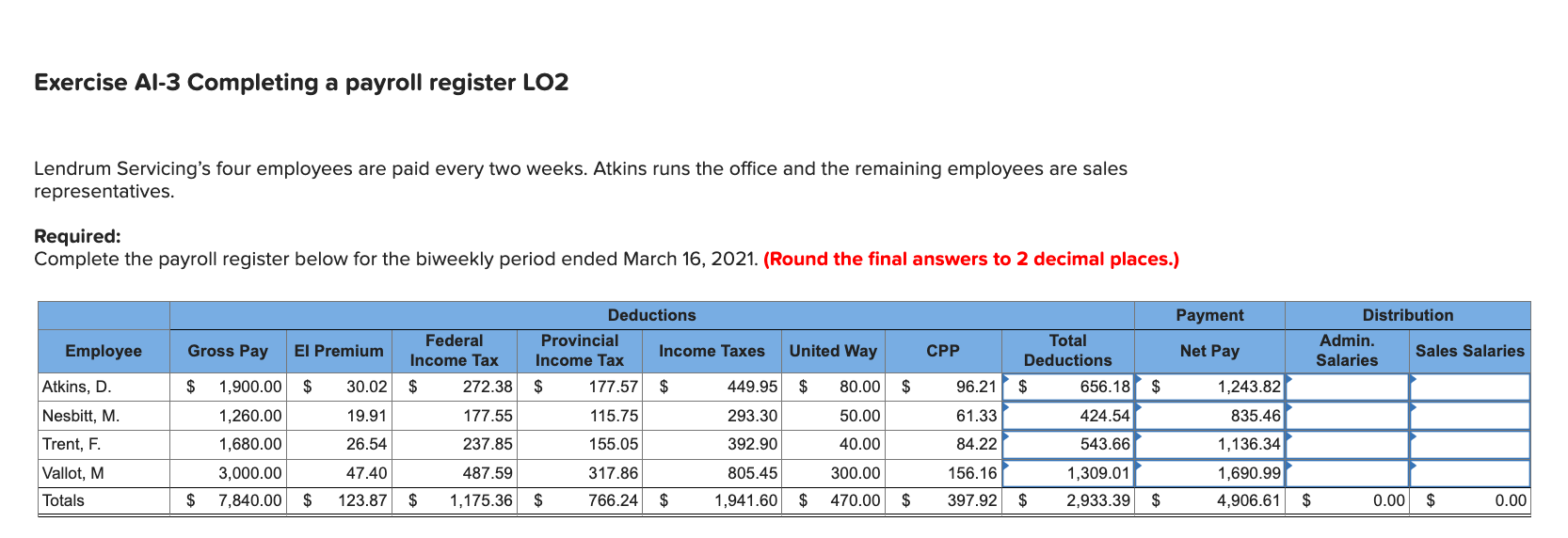 Exercise Al-3 ﻿Completing a payroll register | Chegg.com