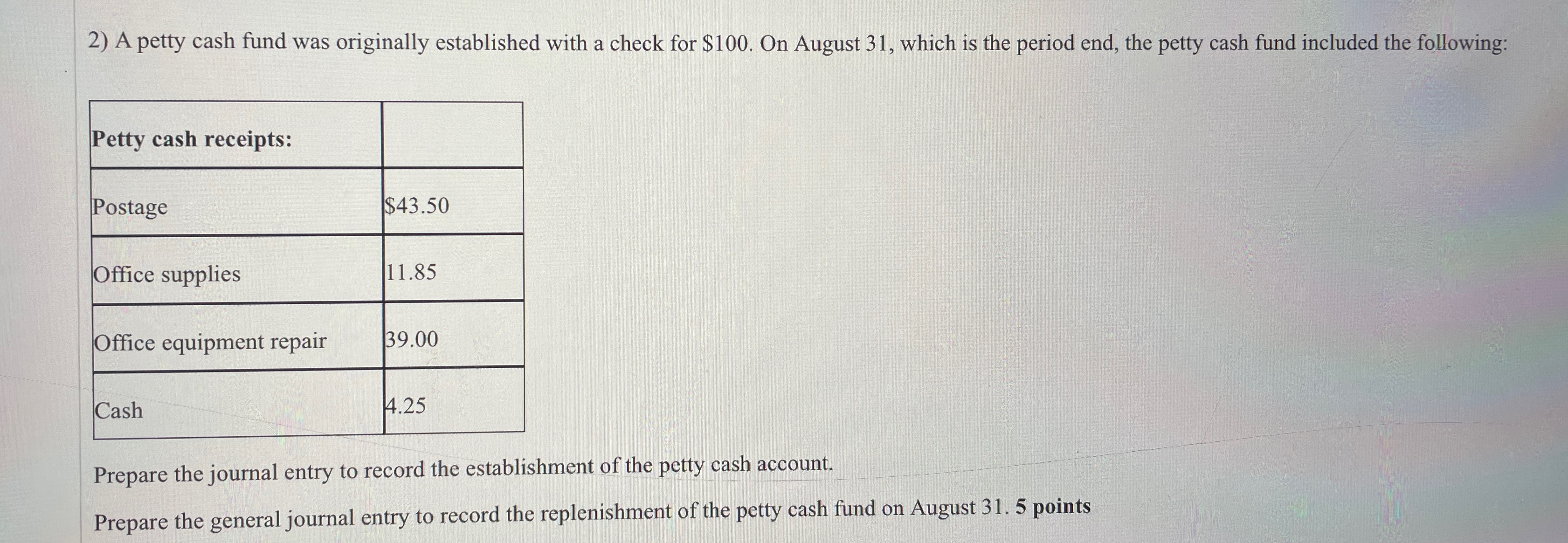 Solved A petty cash fund was originally established with a | Chegg.com