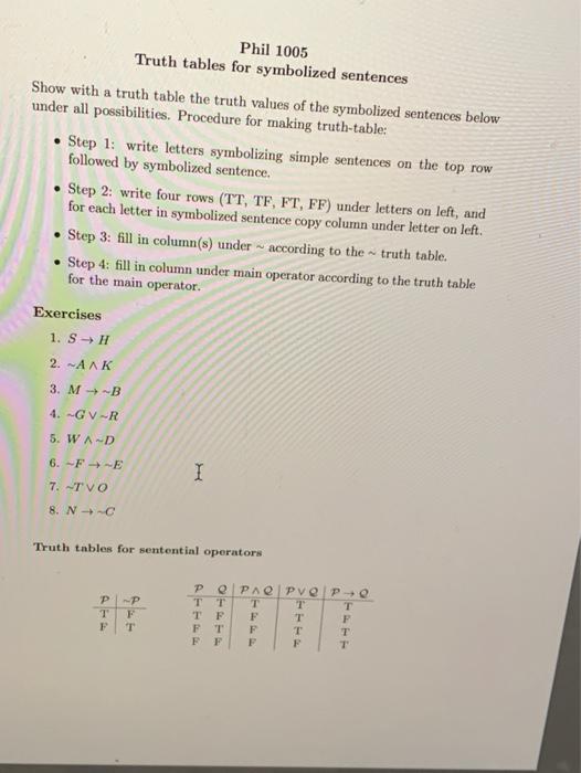 Solved Phil 1005 Truth tables for symbolized sentences Show | Chegg.com