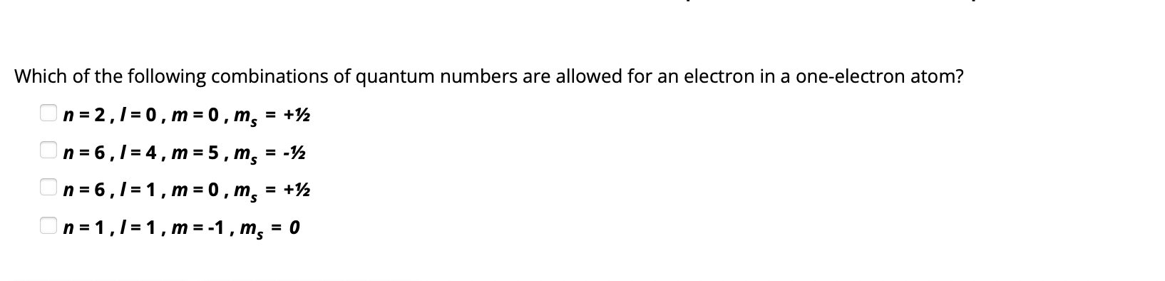 Solved Which of the following combinations of quantum | Chegg.com