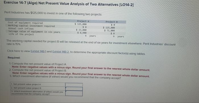 Solved Exercise 14.7 (Algo) Net Present Value Analysis of | Chegg.com