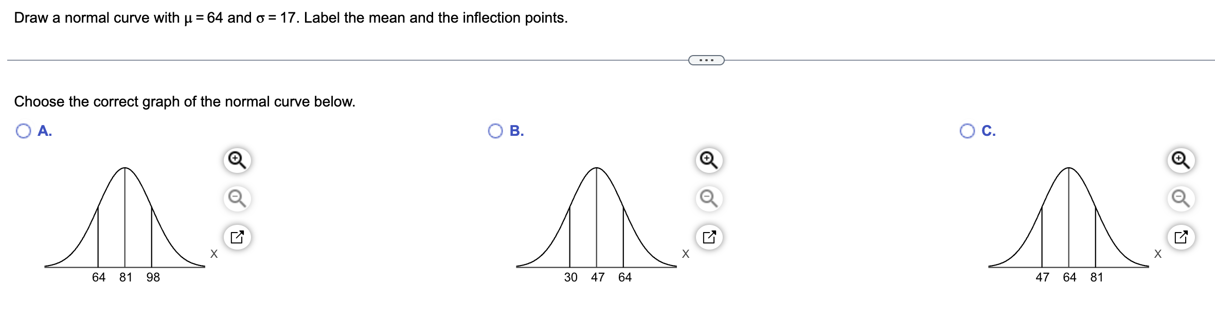 Solved Draw a normal curve with μ=64 ﻿and σ=17. ﻿Label the | Chegg.com