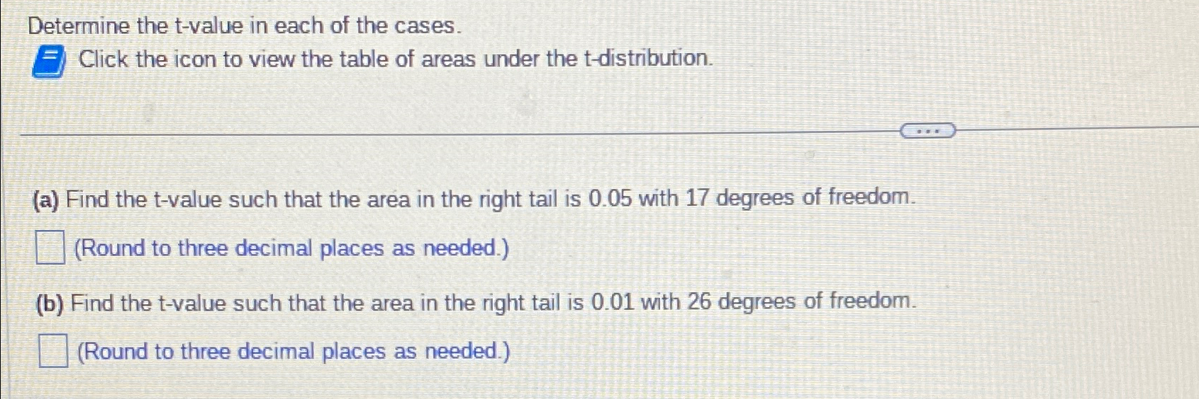 Solved Determine the t-value in each of the cases.Click the | Chegg.com