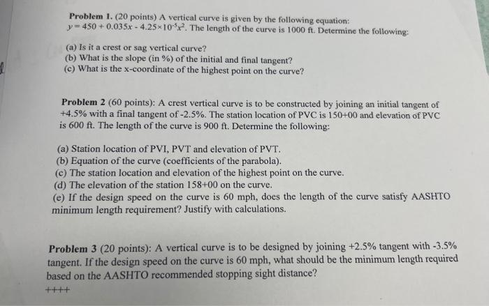 Solved Problem 1. (20 points) A vertical curve is given by | Chegg.com