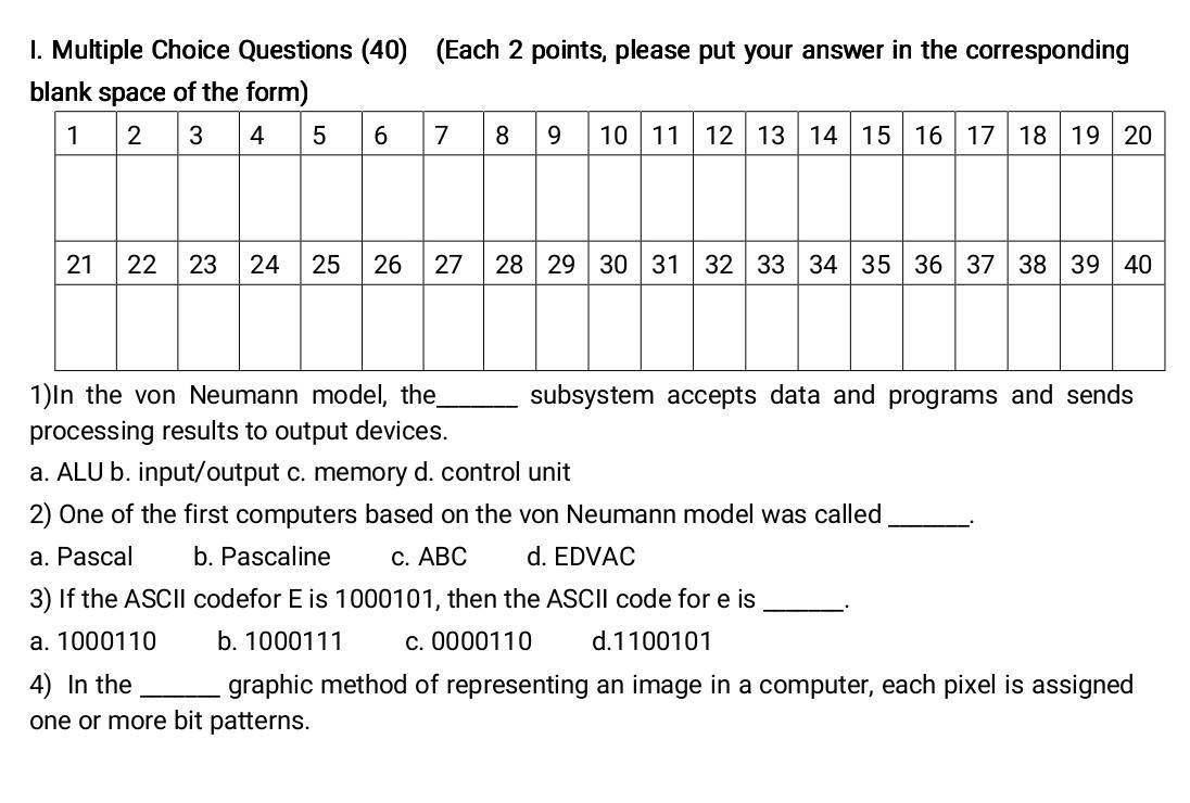 Solved 1. Multiple Choice Questions (40) (Each 2 points, | Chegg.com