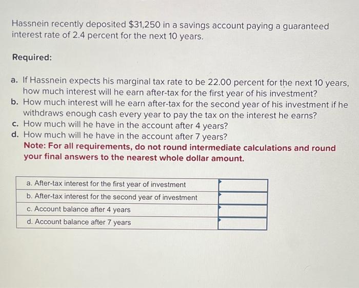 Solved Hassnein recently deposited $31,250 in a savings | Chegg.com