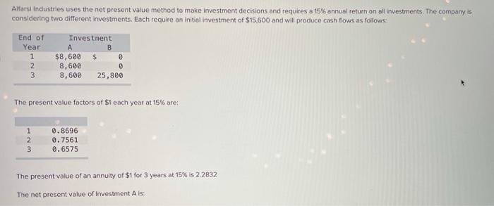 Solved Alfarsi Industries uses the net present value method | Chegg.com