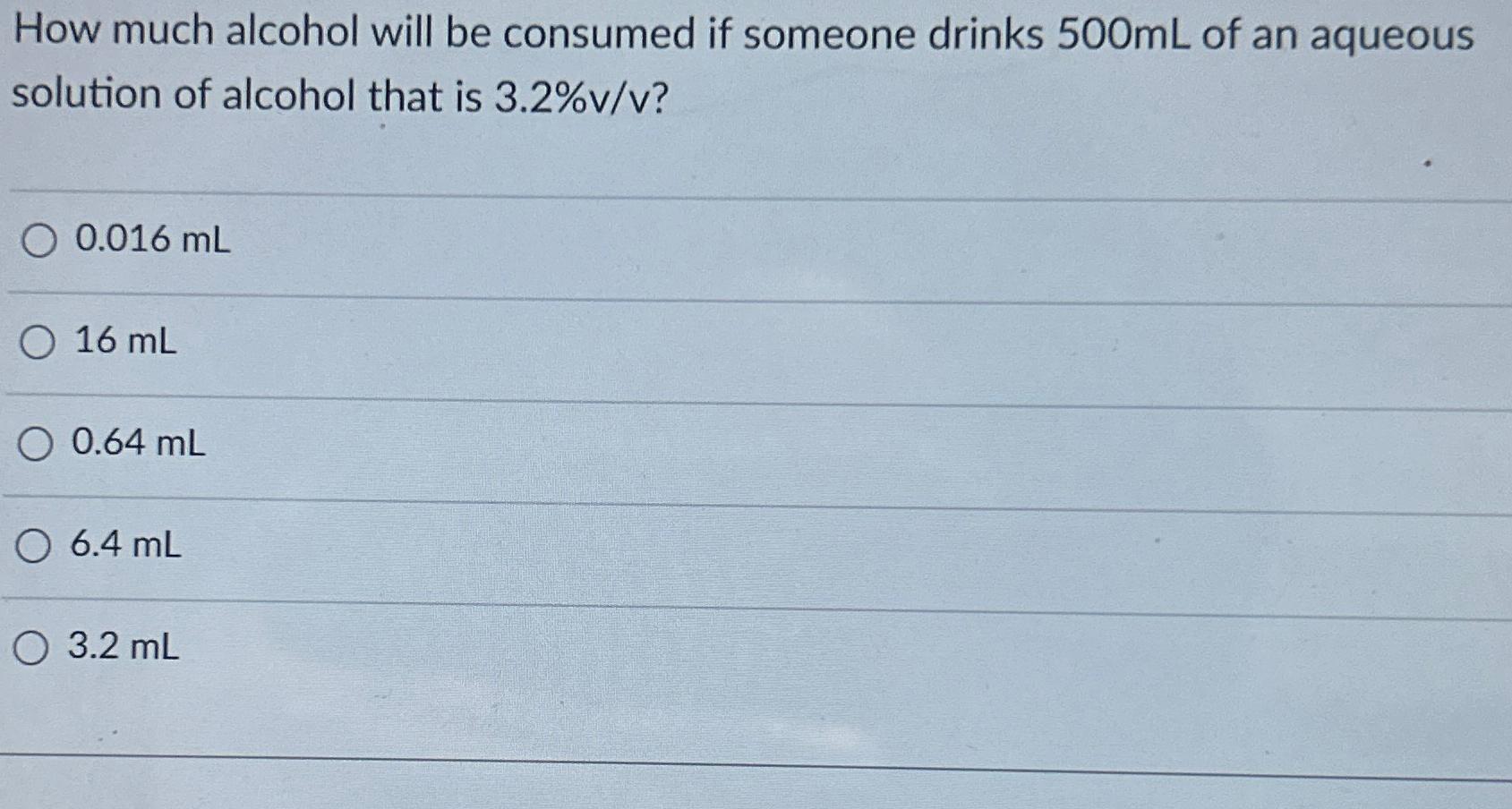 Solved How much alcohol will be consumed if someone drinks | Chegg.com