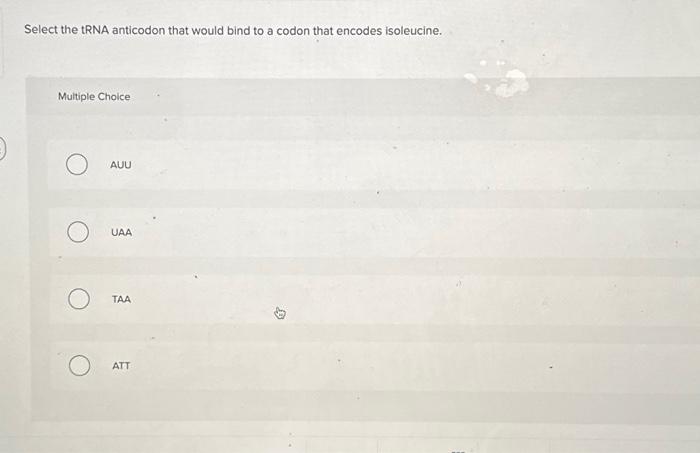 Solved Select the tRNA anticodon that would bind to a codon | Chegg.com