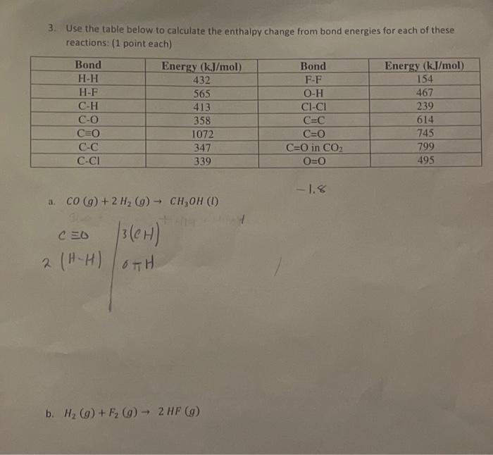 3. Use the table below to calculate the enthalpy | Chegg.com