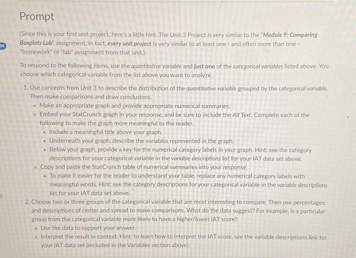 Solved (Since this is your first unit project, here's a | Chegg.com