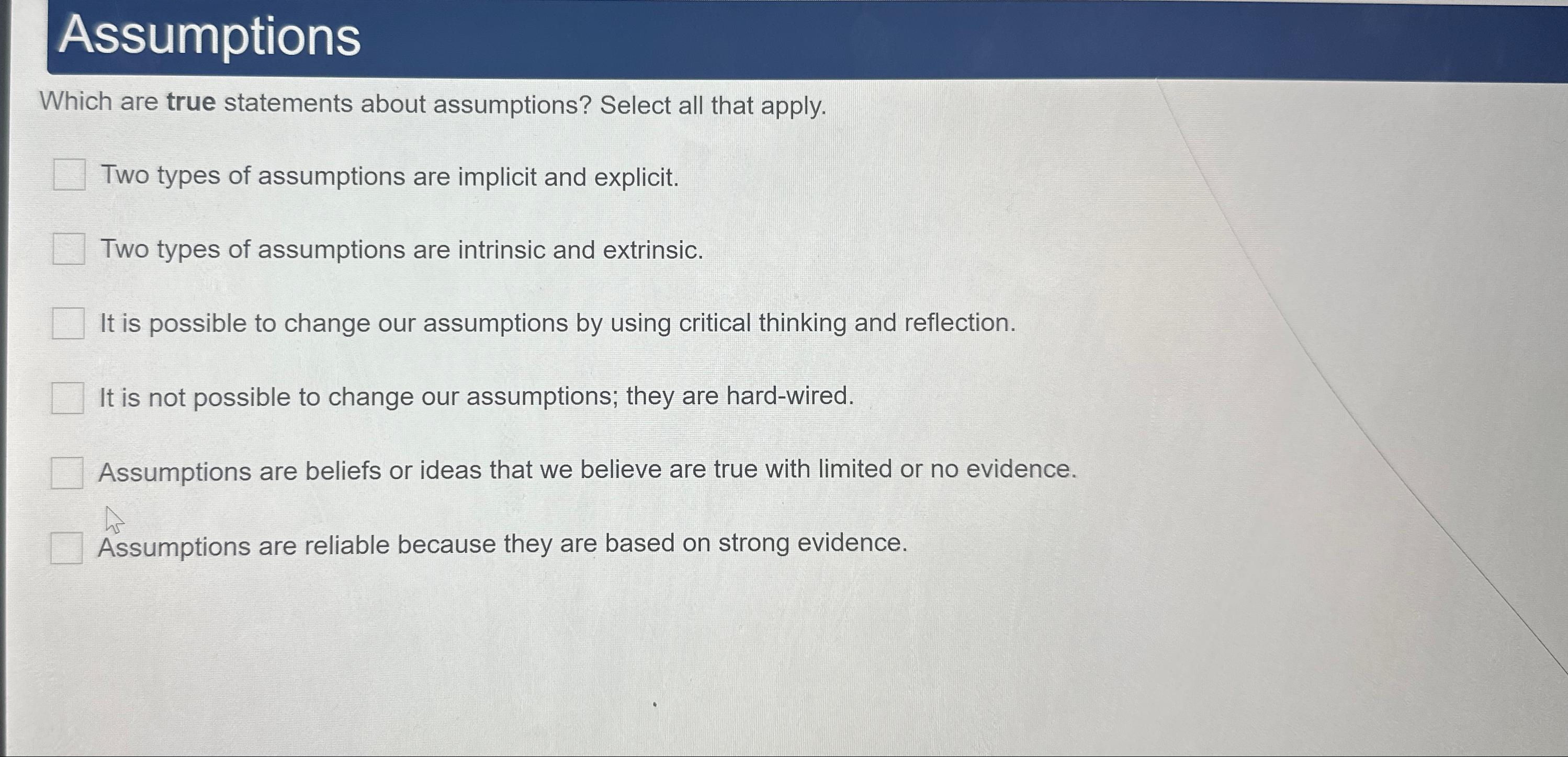 Solved AssumptionsWhich are true statements about | Chegg.com