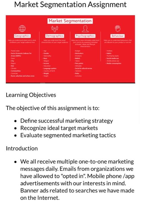 Solved Market Segmentation Assignment Learning Objectives | Chegg.com