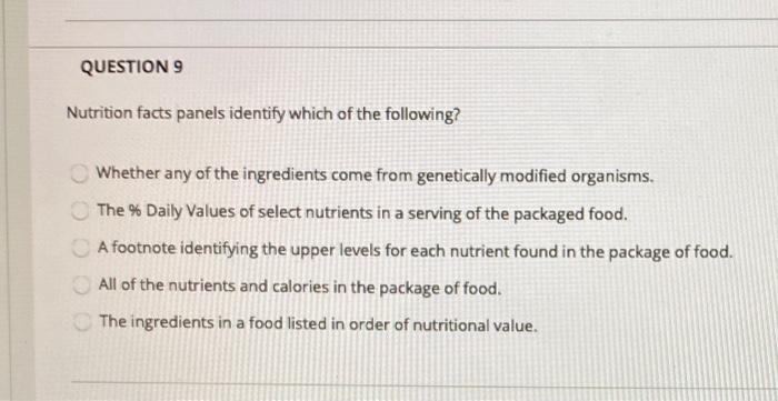 Solved QUESTION 9 Nutrition facts panels identify which of | Chegg.com