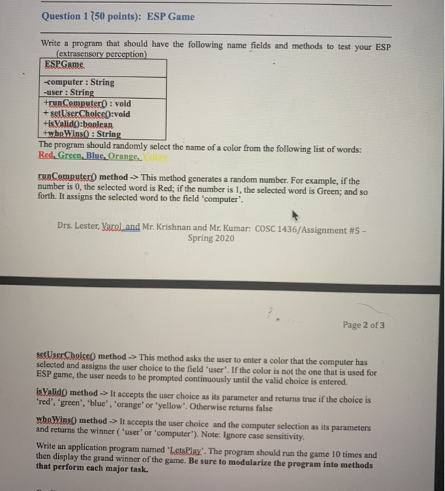 Solved Question 1 750 points): ESP Game Write a program that | Chegg.com