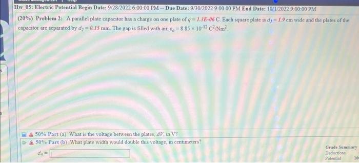 Solved (20\%) Problem 2: A parallel plate capacitor has a | Chegg.com