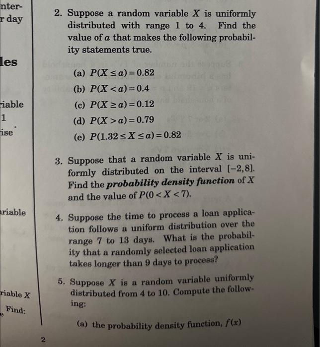 Solved 2. Suppose a random variable X is uniformly | Chegg.com
