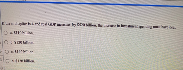 Solved If the multiplier is 4 and real GDP increases by $520 | Chegg.com