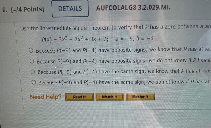 Solved Use the Intermediate Value Theorem to verify that P | Chegg.com