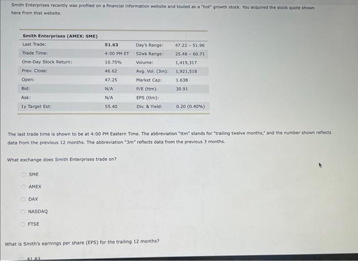Solved Smith Enterprises recently was profiled on a | Chegg.com