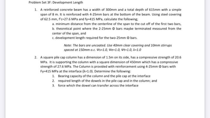 Problem Set 3F: Development Length 1. A reinforced | Chegg.com