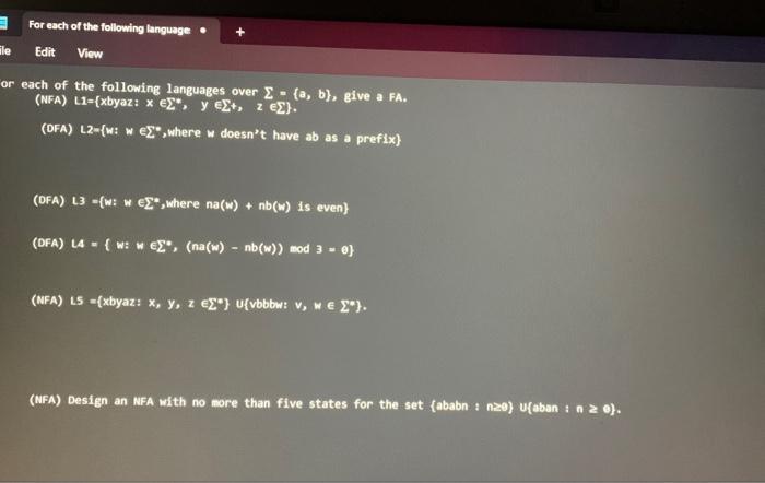Solved each of the following languages over Σ={a,b}, give a | Chegg.com