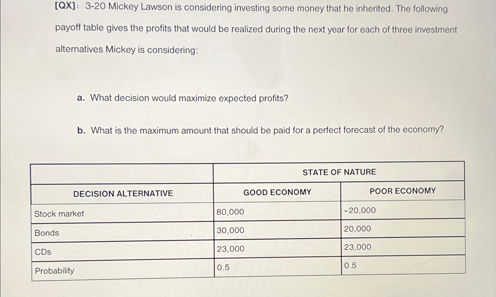Solved [QX]: 3-20 ﻿Mickey Lawson is considering investing | Chegg.com