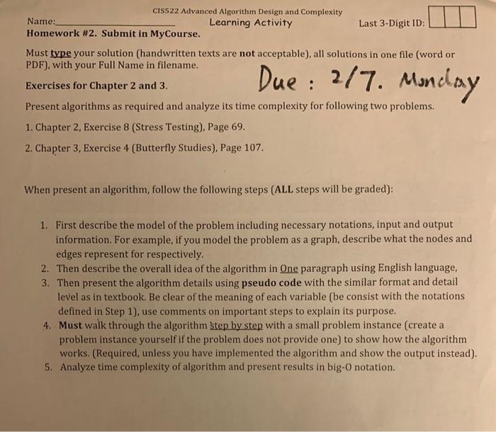 Solved CISS22 Advanced Algorithm Design and Complexity Name: | Chegg.com