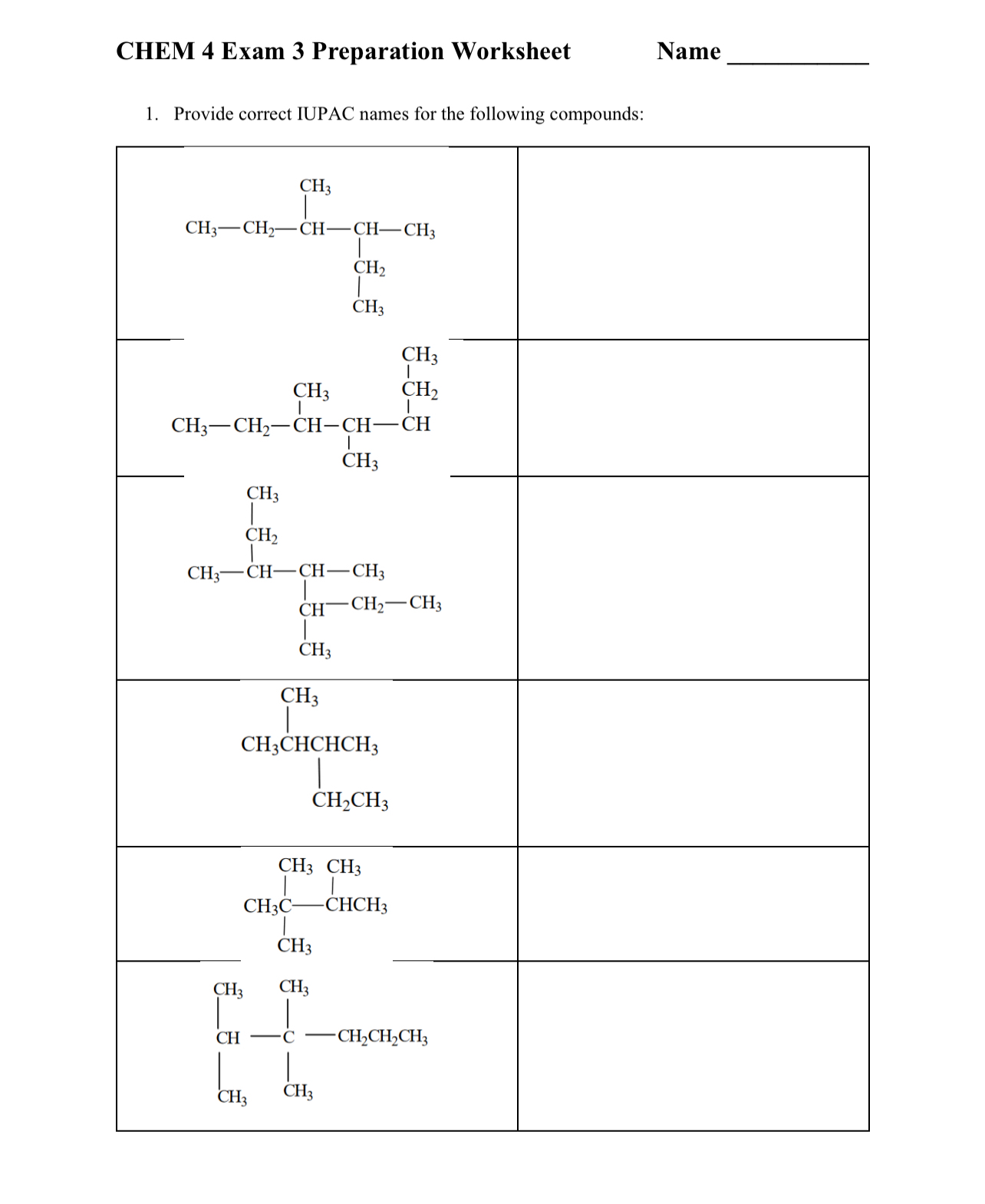 Solved CHEM 4 ﻿Exam 3 ﻿Preparation WorksheetName.Provide | Chegg.com