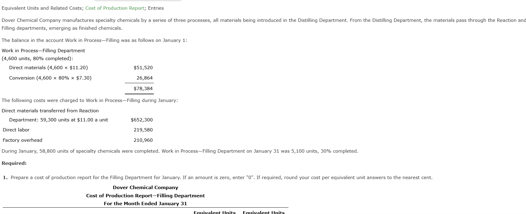Equivalent Units and Related Costs; Cost of | Chegg.com