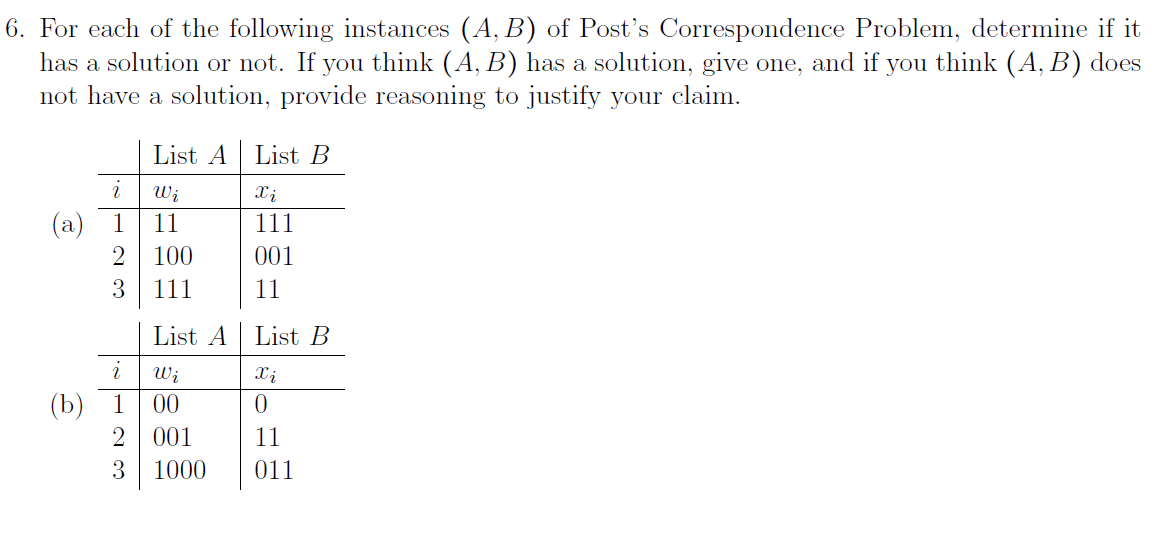 Solved For each of the following instances (A,B) ﻿of Post's | Chegg.com