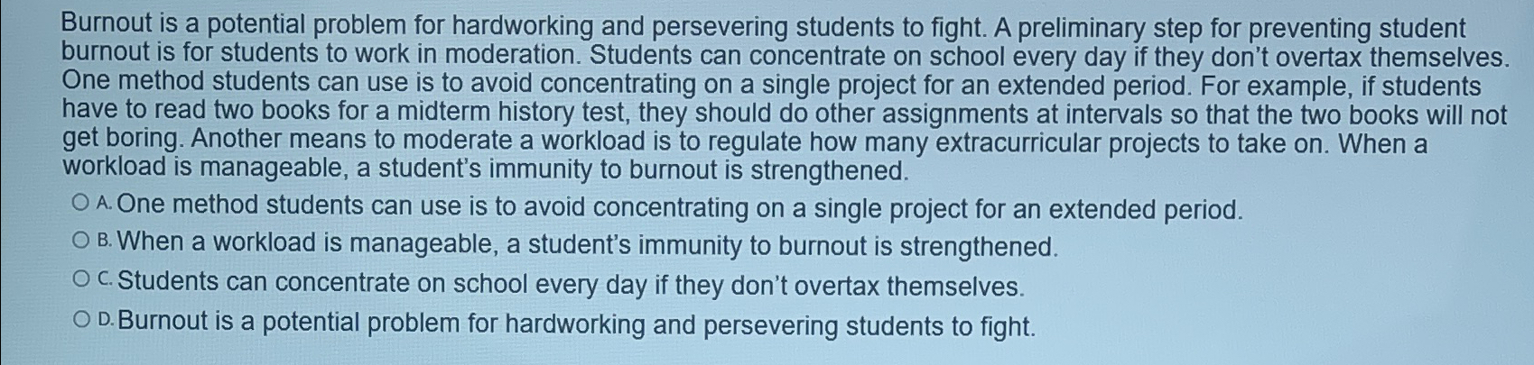 Solved Burnout is a potential problem for hardworking and | Chegg.com