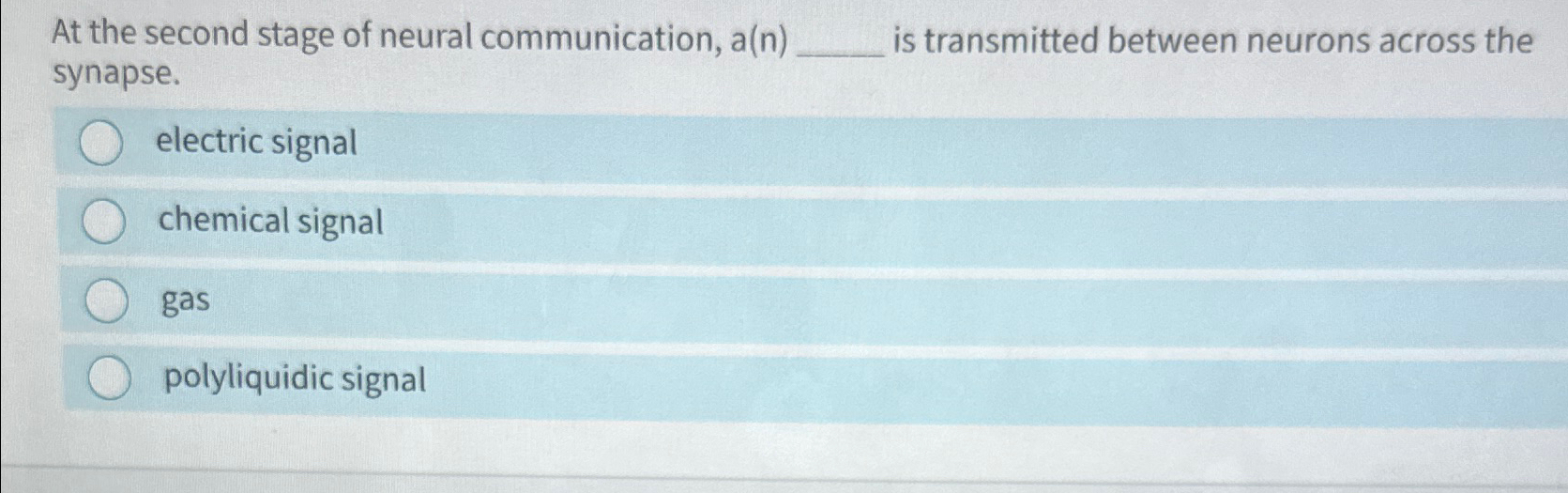 Solved At the second stage of neural communication, a(n), | Chegg.com
