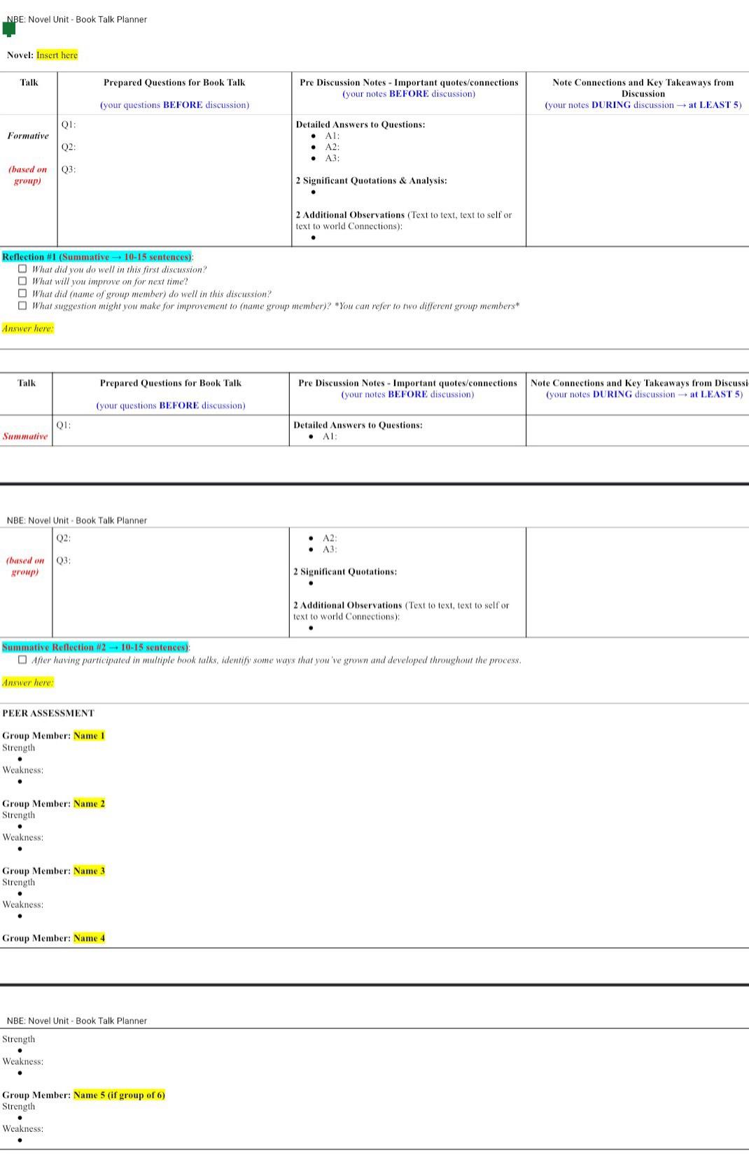 NBE: Novel Unit - ﻿Book Talk PlannerNovel: Insert | Chegg.com