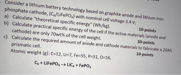 Solved Consider a lithium battery technology based on | Chegg.com
