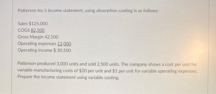 Solved Patterson Inc.'s income statement, using absorption | Chegg.com