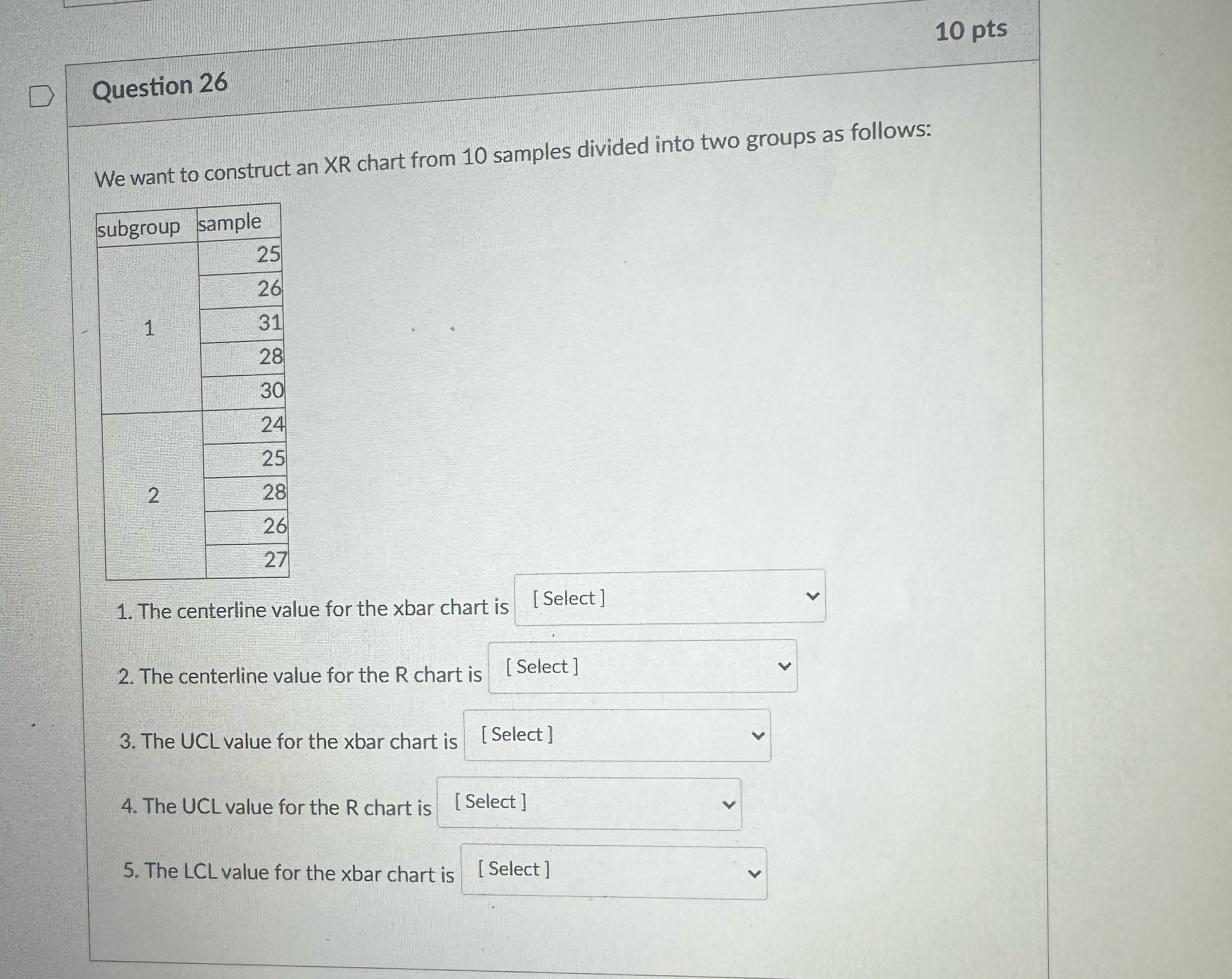 Solved 10ptsQuestion 26We want to construct an XR chart from | Chegg.com