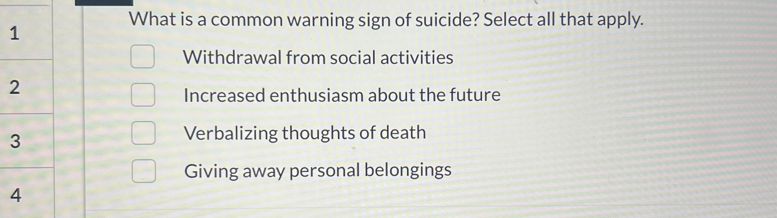 Solved What is a common warning sign of suicide? Select all | Chegg.com
