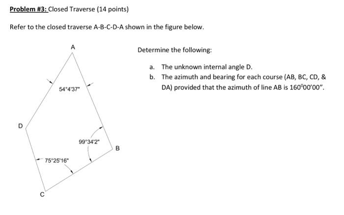 Solved Refer to the closed traverse A-B-C-D-A shown in the | Chegg.com